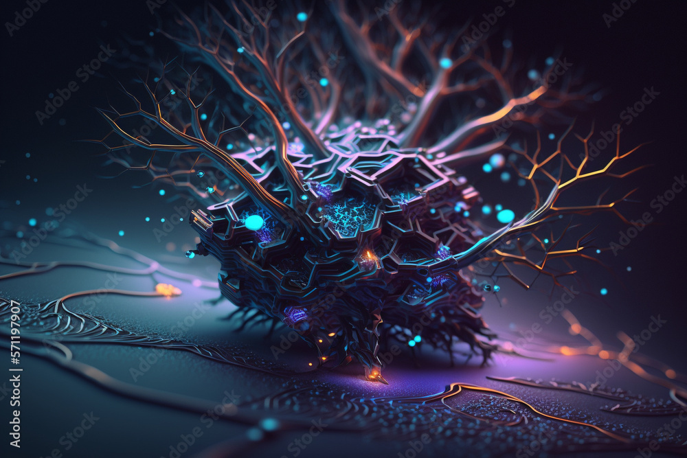 Neural network with glowing bioluminescence. The image represents the ...