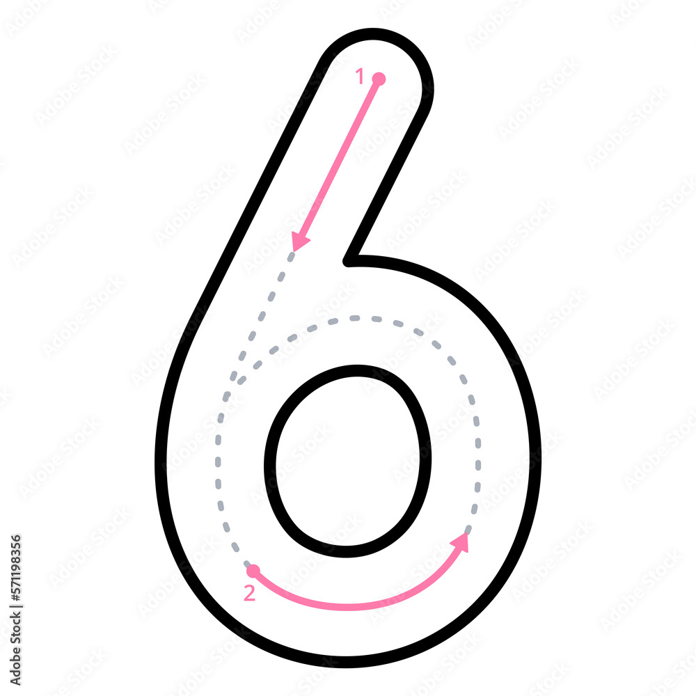 How to write number 6 with tracing guide Stock Illustration | Adobe Stock