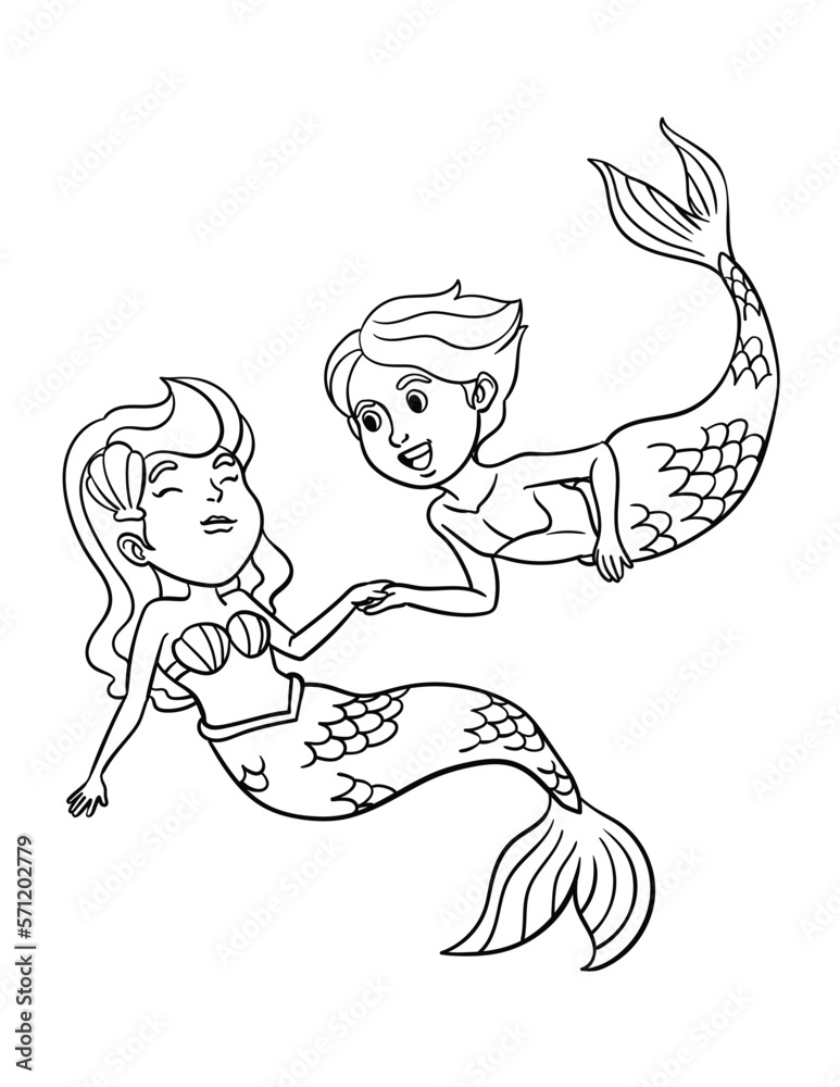 Mermaid and Merman Isolated Coloring Page for Kids Stock Vector | Adobe ...