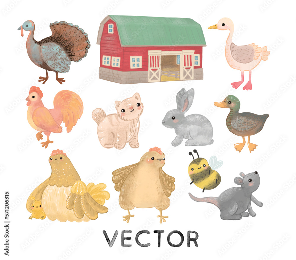 Farm Animals, birds and Barn, vector collection isolated over white ...