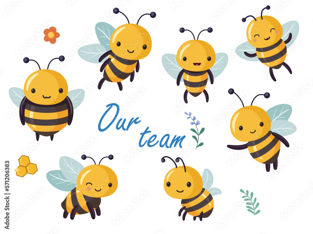 Cute cartoon bees character set symbol of teamwork and friendship ...