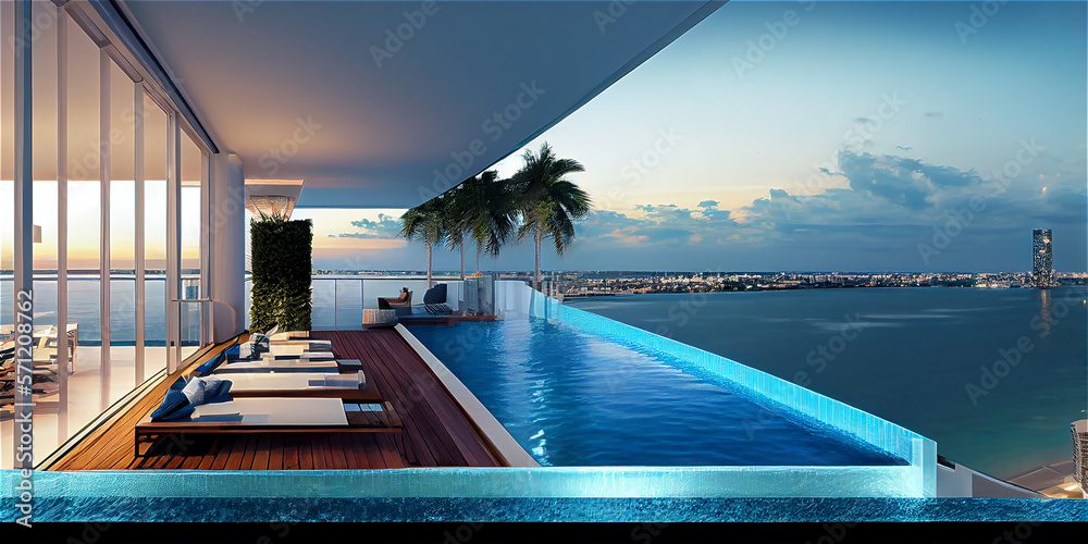 Luxury penthouse terrace with a swimming pool overlooking Miami, generative AI Stock ...