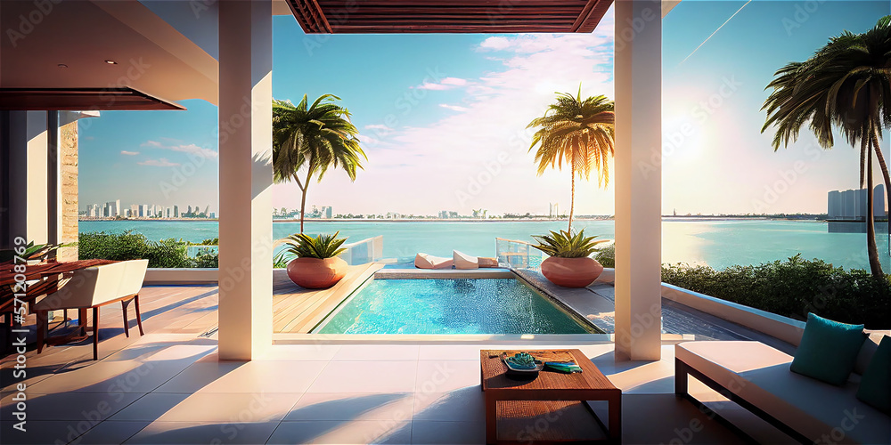 Impressive luxury penthouse terrace with a swimming pool overlooking Miami, generative AI Stock ...