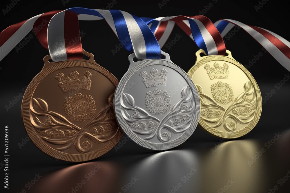 Olympic medals with ribbon, gold silver and bronze metals, for winners ...