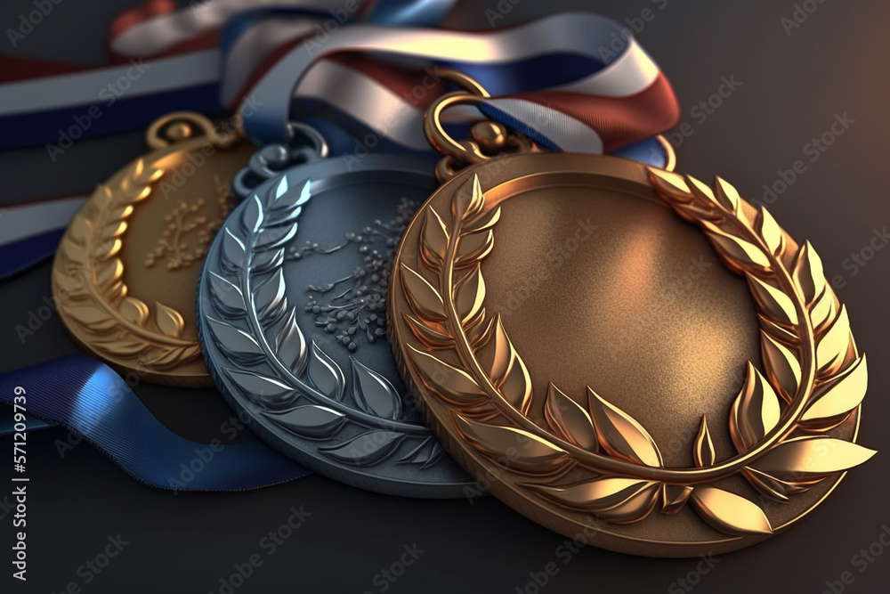 Olympic medals with ribbon, gold silver and bronze metals, for winners ...