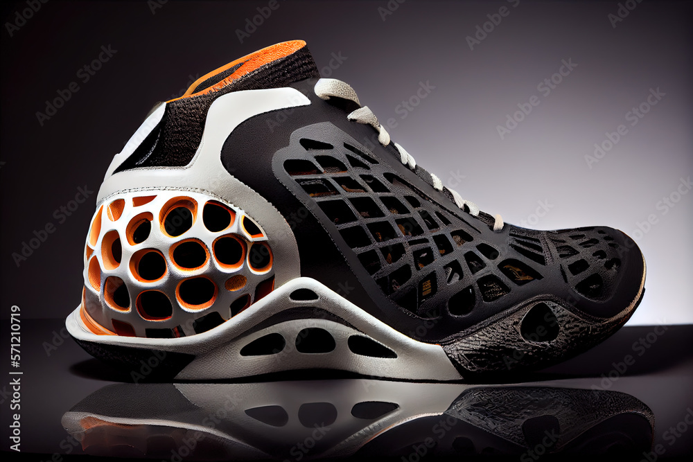 sci-fi futuristic basketball shoe, gold, white & black, made of ...