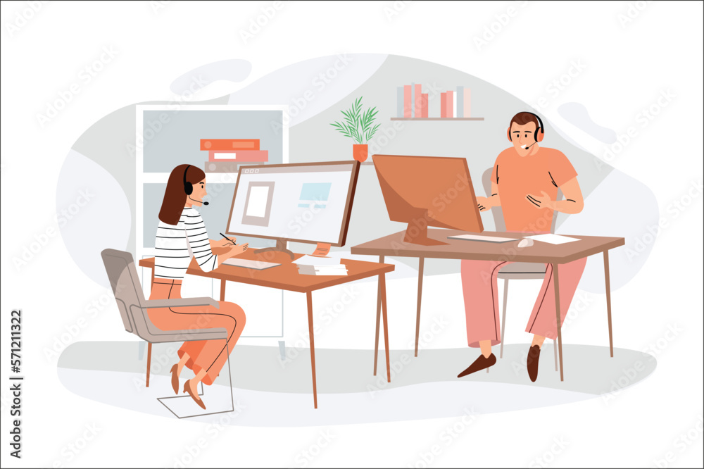 Call center orange concept with people scene in the flat cartoon style ...
