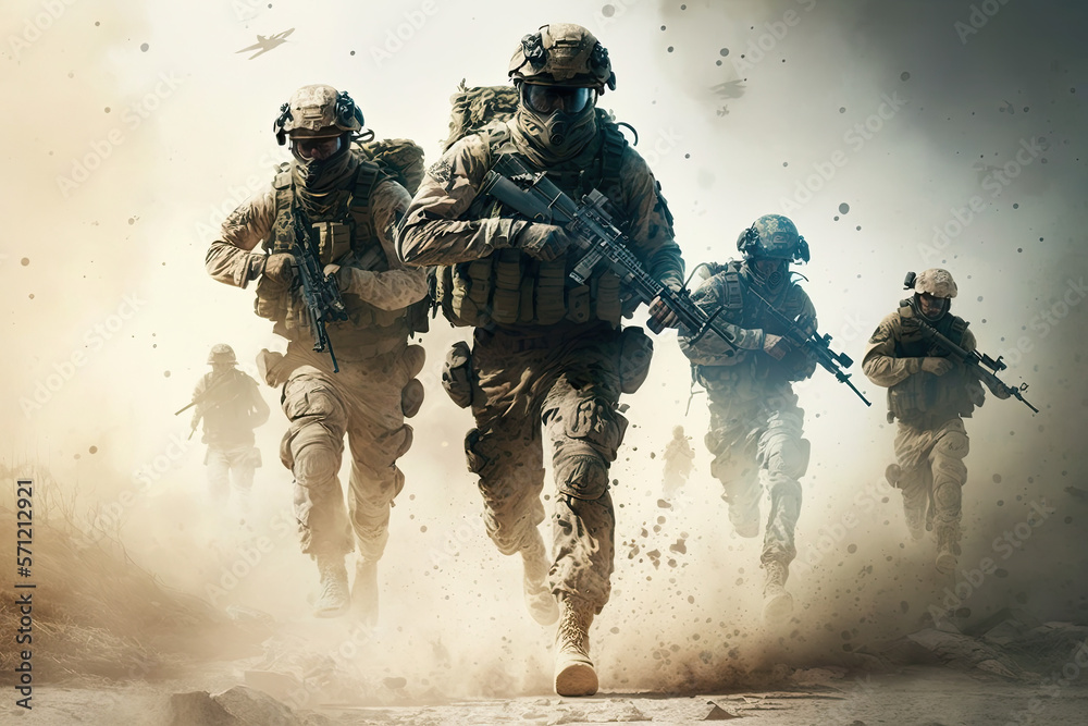 Modern warfare soldiers at war, generative AI picture. Stock ...