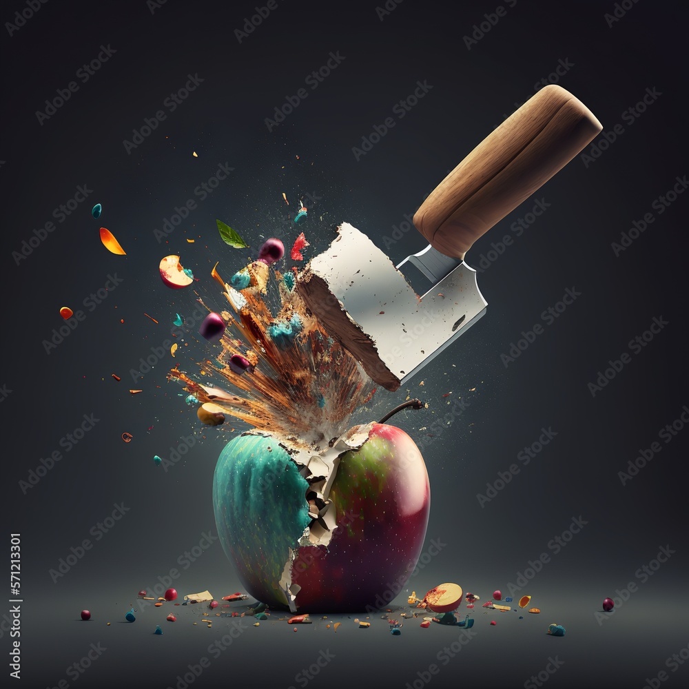 ภาพประกอบสต็อก he moment a hammer smashes an apple, apple pieces fly ...