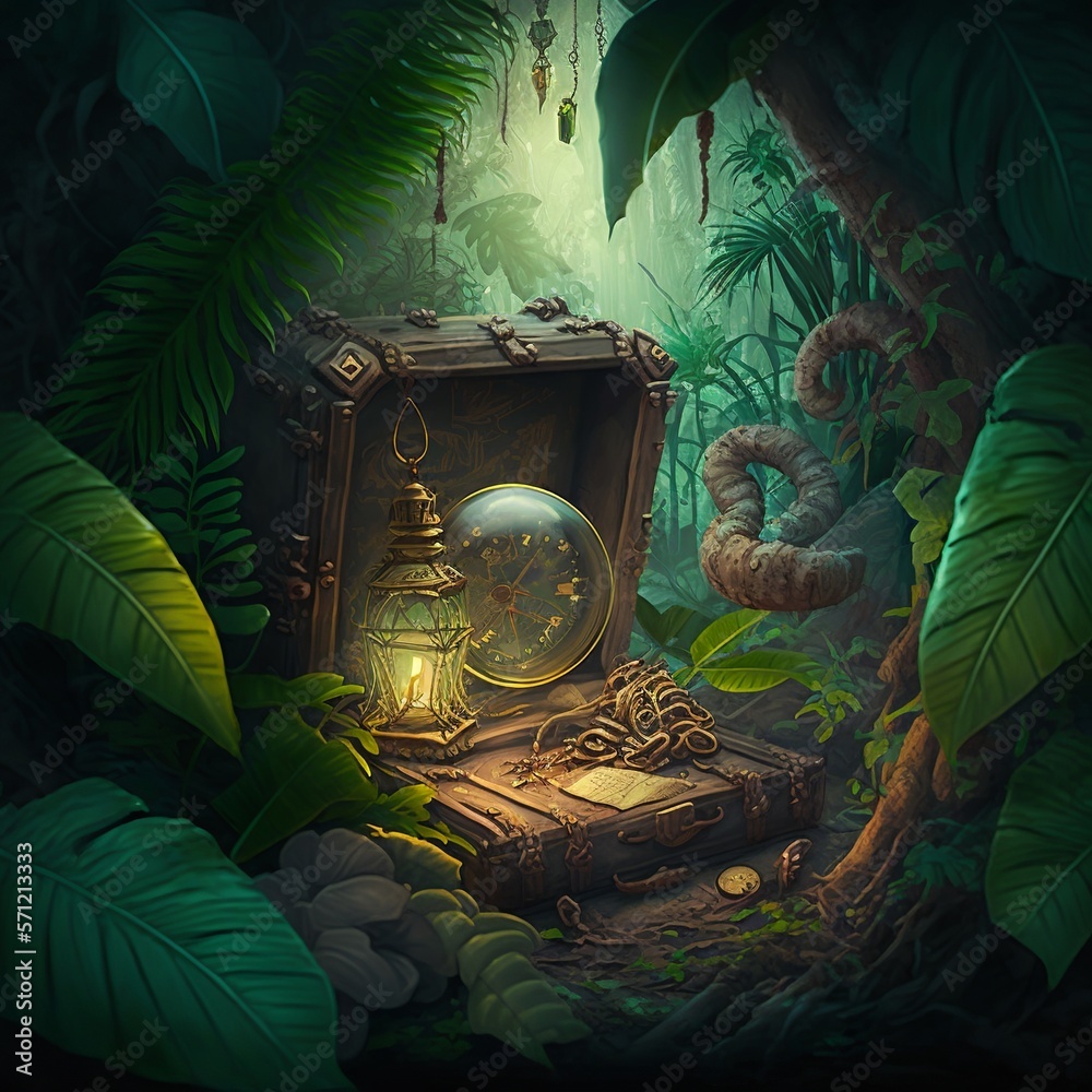 treasure hunt, jungle magnifying glass green leaf find chest, lantern ...