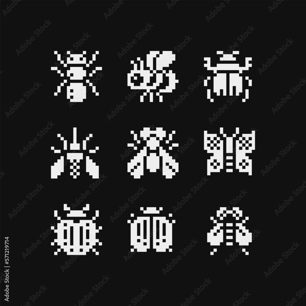 Animals insects pixel art icon set spider, bee, bag, butterfly, fly ...