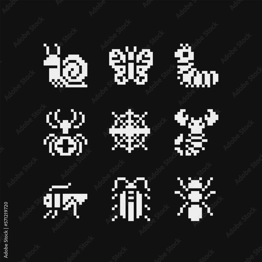 Animals insects pixel art icon set spider, bee, bag, butterfly, fly ...