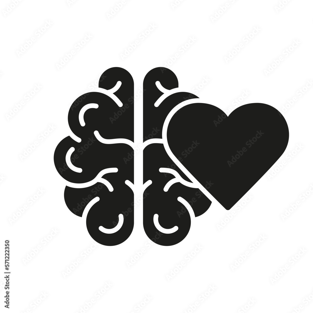 Human Brain and Heart Silhouette Icon. Healthy Rational Balance Between ...