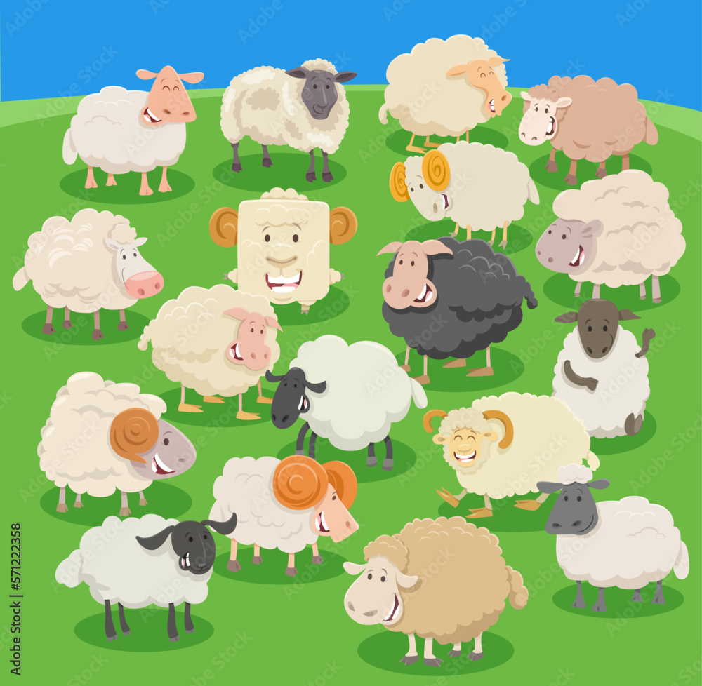cartoon sheep and rams farm animals comic characters group Stock Vector ...