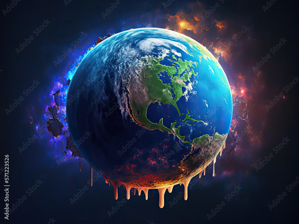 Melting Earth planet in colorful deep space among stars, nebulae and ...