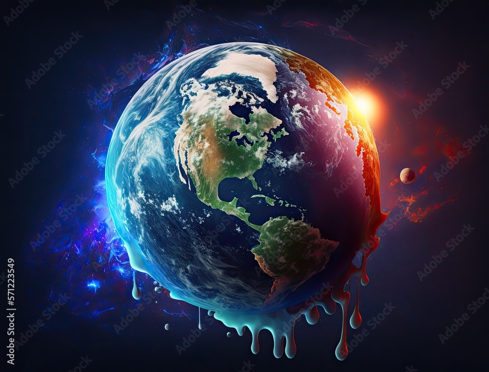 Melting Earth planet in colorful deep space among stars, nebulae and constellations, global ...