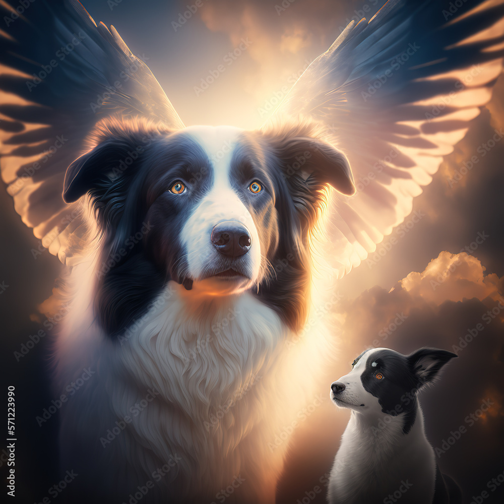 Border collie with angel wings in heavenly paradise, Generative art ...
