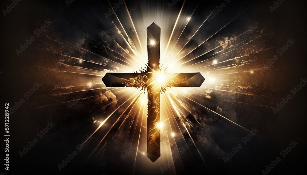 Religious cross in abstract wallpaper with shining gold sparkles and ...