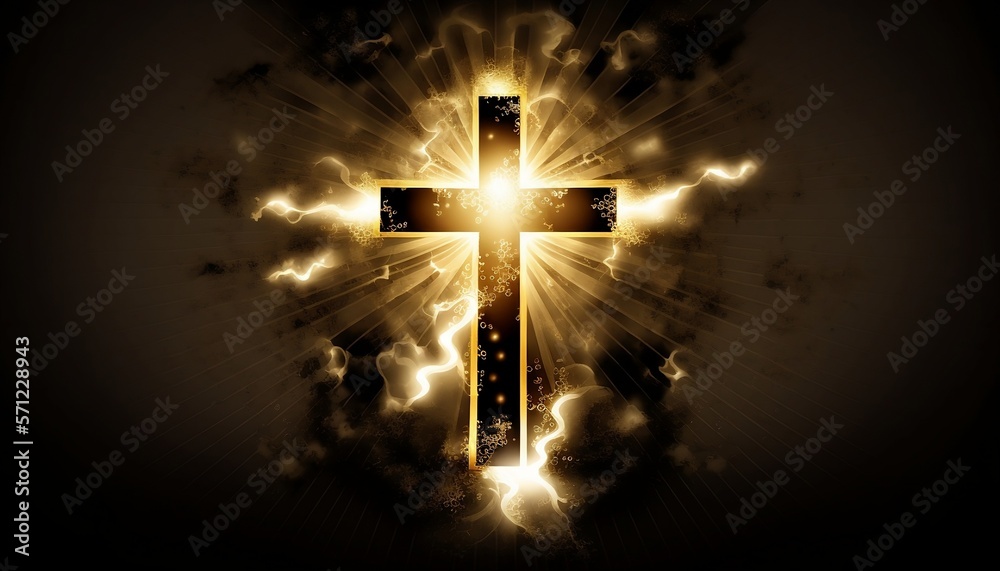 Religious cross in abstract wallpaper with shining gold sparkles and ...