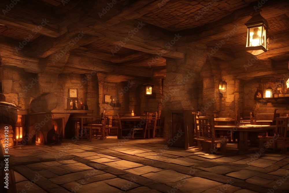 Fantasy medieval tavern background with grand fireplace. 3d rendering ...