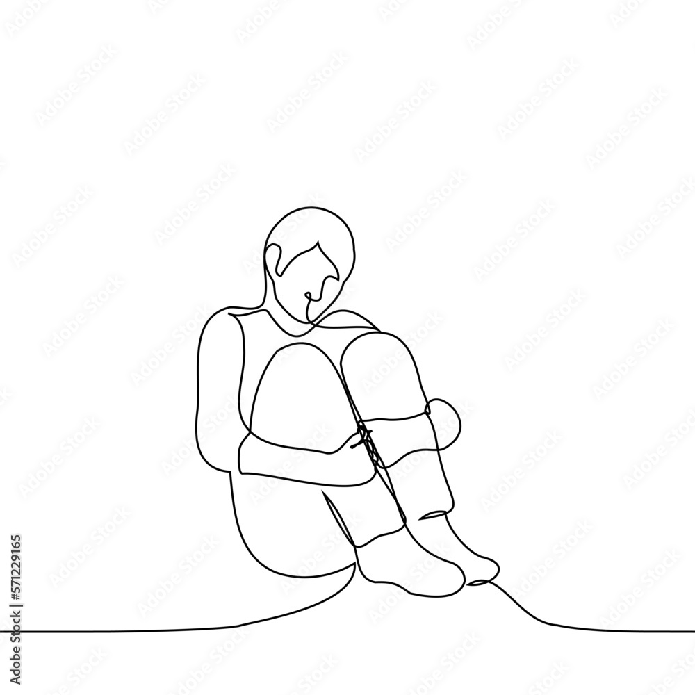 Man Sits On The Floor Hugging His Legs One Line Drawing Vector Concept Loneliness