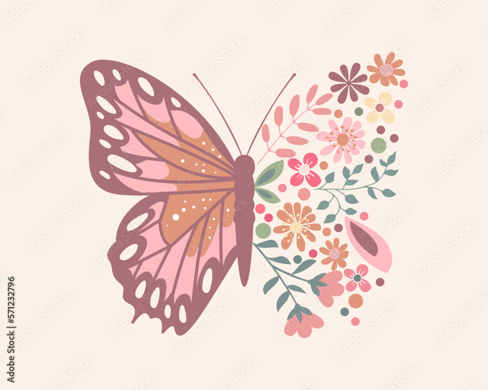 Butterfly with colorful cute floral wings, vector design for fashion ...