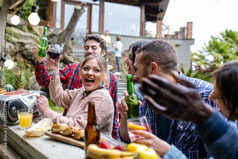 Party in large villa with pool and chiringuito, people who listen to ...