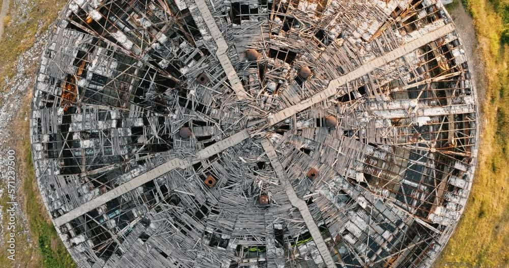 Buzludzha monument Top view Old roof with broken tiles of round shape ...