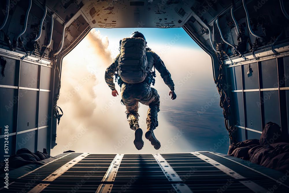Airborne soldier jumping out of plane. Generative AI Stock Illustration ...