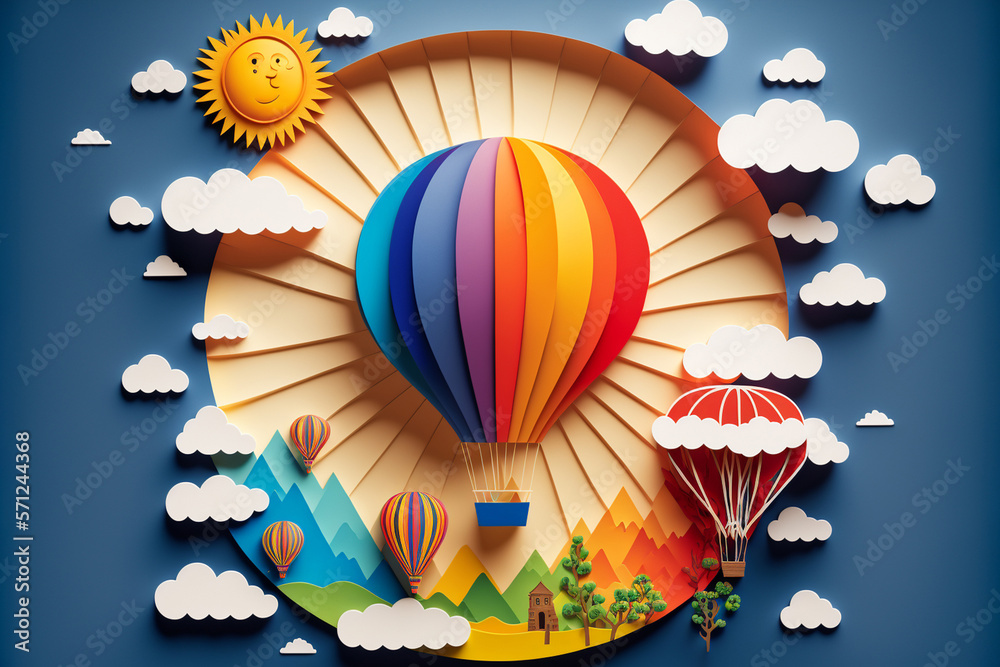 Creative paper art of sun, clouds and rainbow colored hot air balloons. Spring scenery, summer ...
