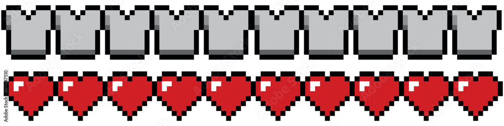 Pixel art is 8-bit. Set of health and armor icons for games, websites ...