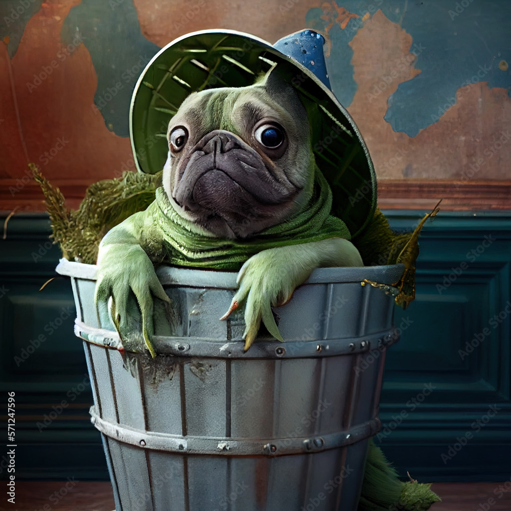 adorable ai generated French bulldog, dressed as a garbage monster ...