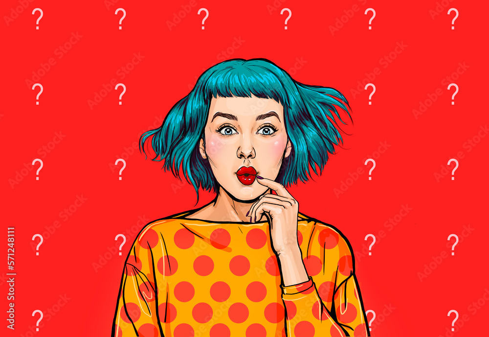 Thinking woman with with puzzled look keeps fore finger near lips ...