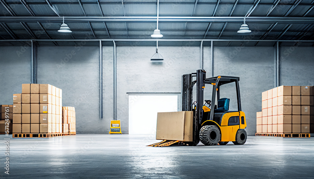 Gabelstapler mit Paketen in einer riesigen Lagerhalle : Effiziente ...