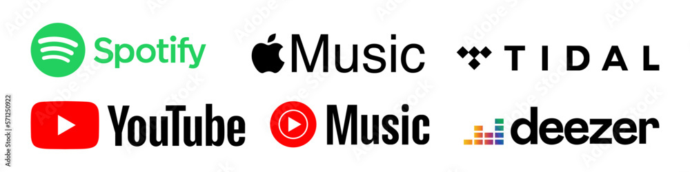 Spotify audio streaming and media services logo set. Apple, Youtube ...