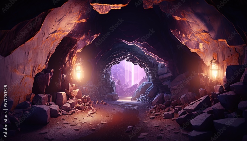 mining quarry with a purple shiny crystal in the rocks and stone walls ...