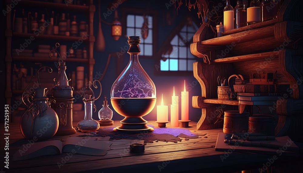 Witch or wizard alchemical laboratory with magic .Beautiful modern ...
