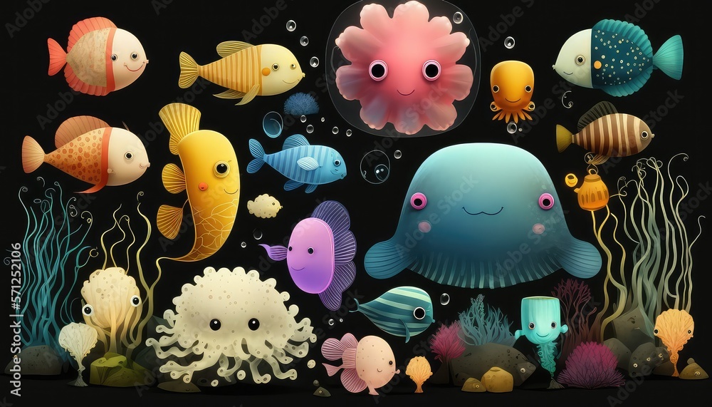 Cute underwater animals, fish, seahorses, jellyfish and octopuses ...