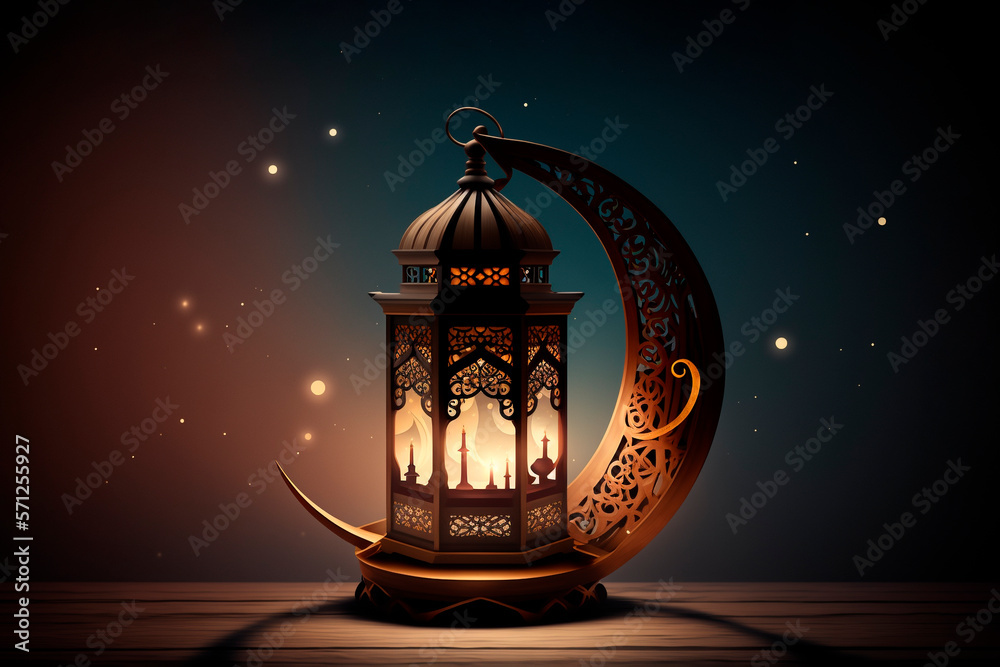 Ramadan lantern with crescent moon on night sky background Stock ...