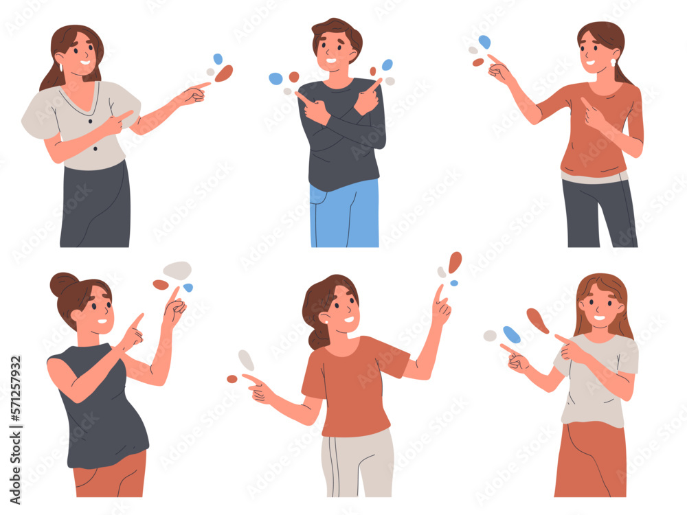 People pointing with index fingers. Cheerful male and female characters ...