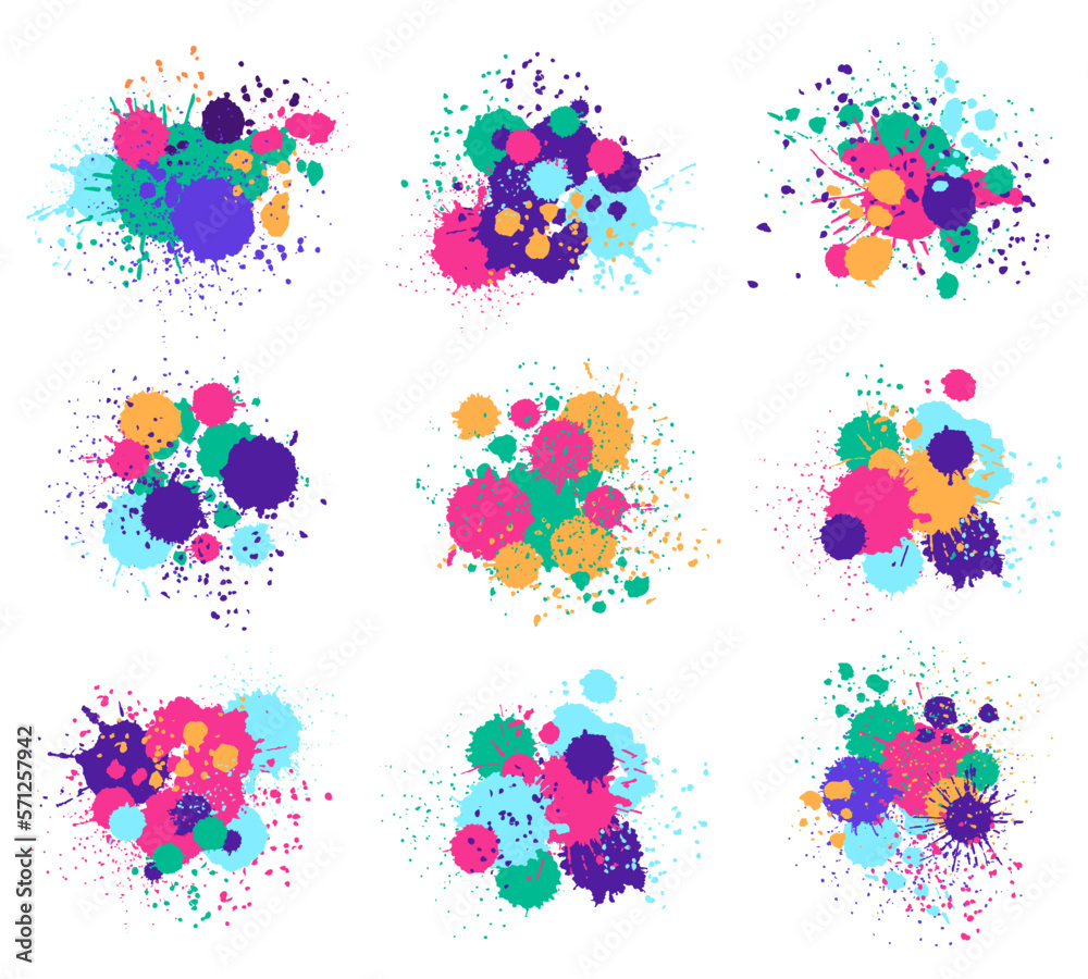 Paint splashes. Colorful ink blots, abstract paint splatter drops ...