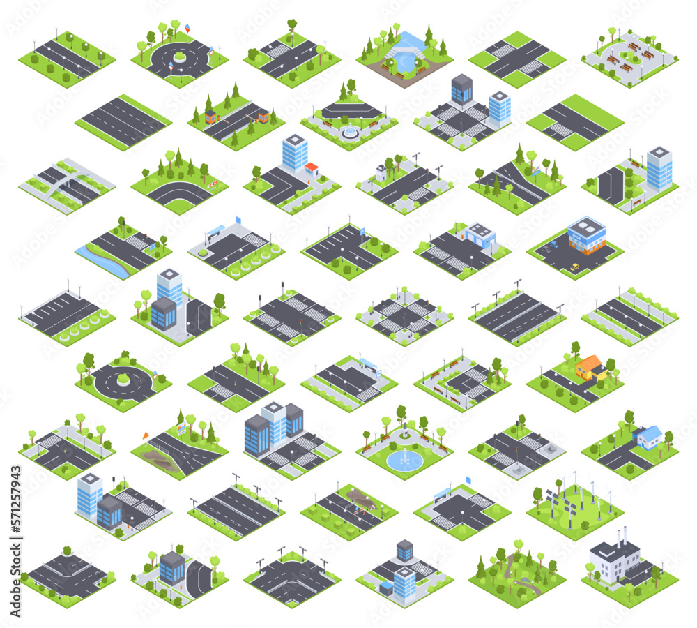 Isometric road elements, city map constructor. Street road crossroads ...