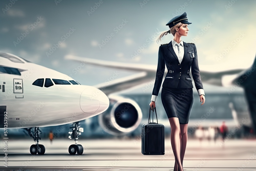Cinematic close up portrait of an airliner pilot female wearing blue ...