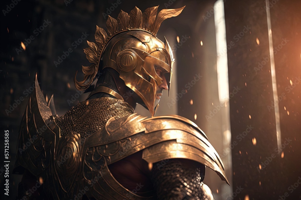 Achilles in a beautiful golden armor fighting under . AI generated art ...