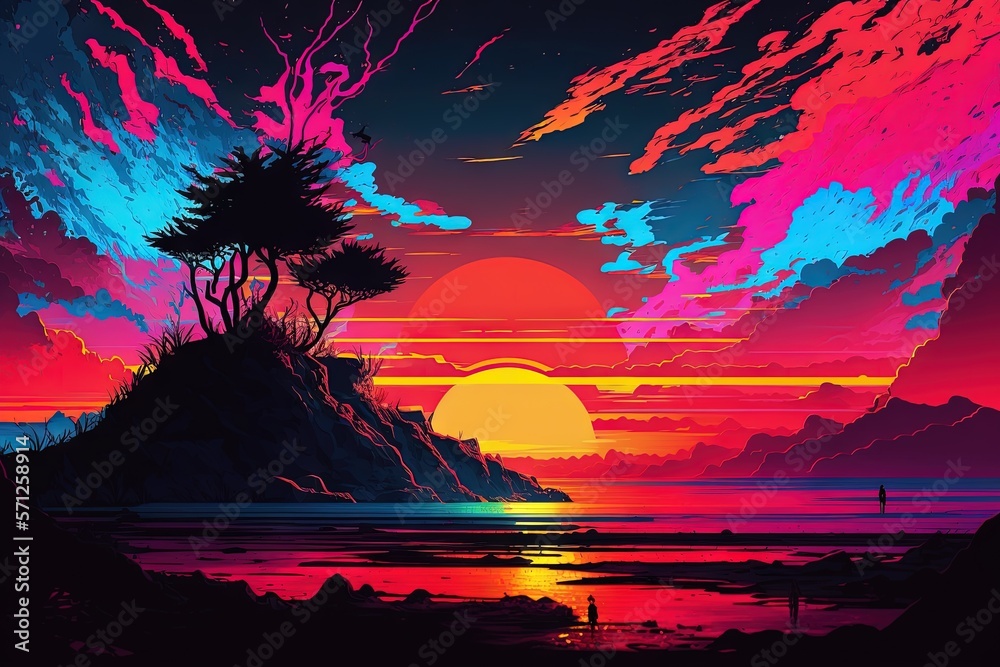 Vivid neon sunrise . AI generated art illustration. Stock Illustration ...
