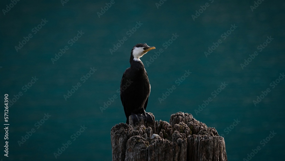 Black and white australian pied shag cormorant bird standing on wooden ...