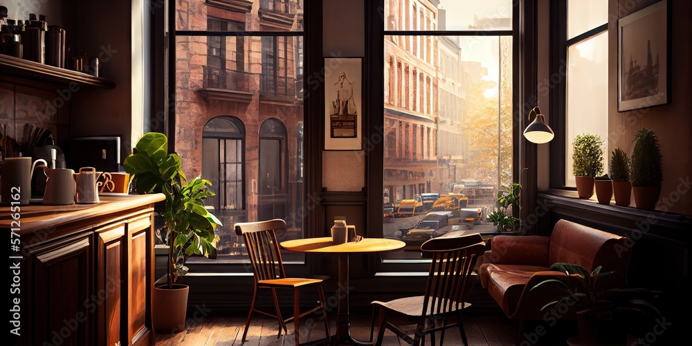Cozy cafe soft light large windows bar counter morni . AI generated art ...