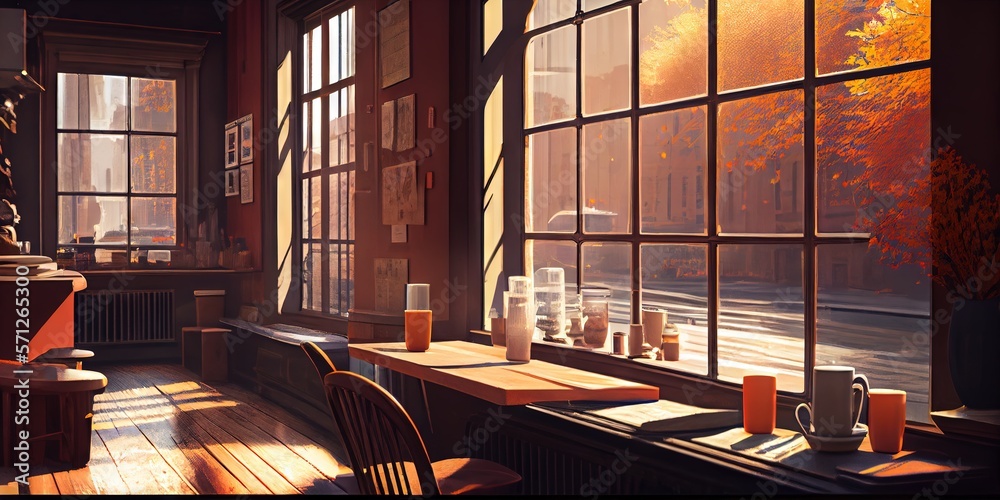 Cozy cafe soft light large windows bar counter morni . AI generated art ...