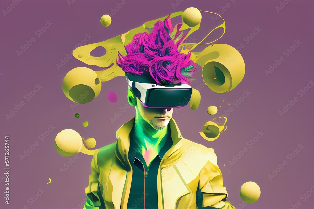 Portrait of a young man in yellow jacket with green hair using pink ...