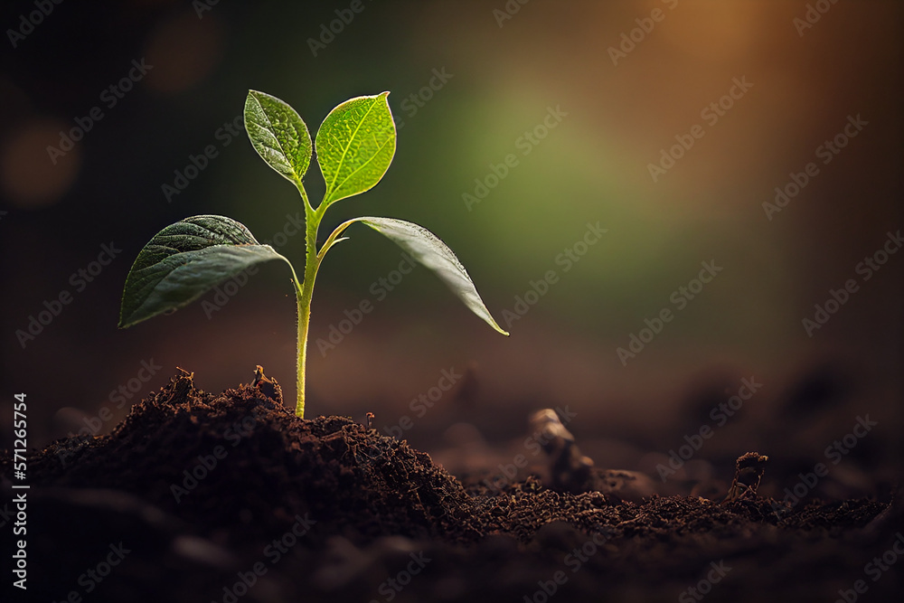 Green leaf seedling sprout growing from farm soil created with ...